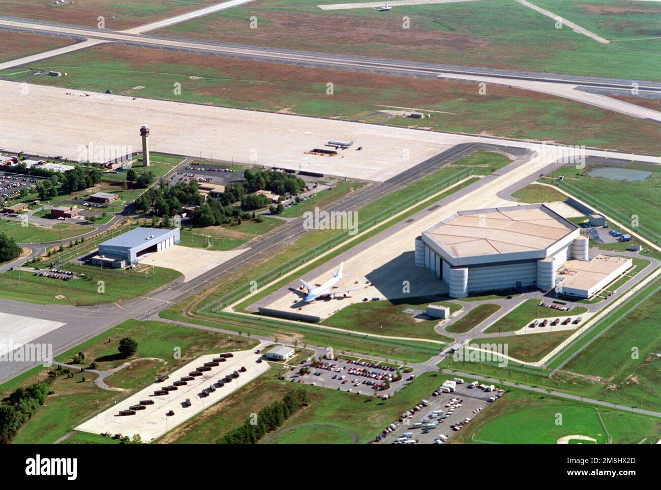 An aerial view of the Air Force One hangar facility at the base. One of ...