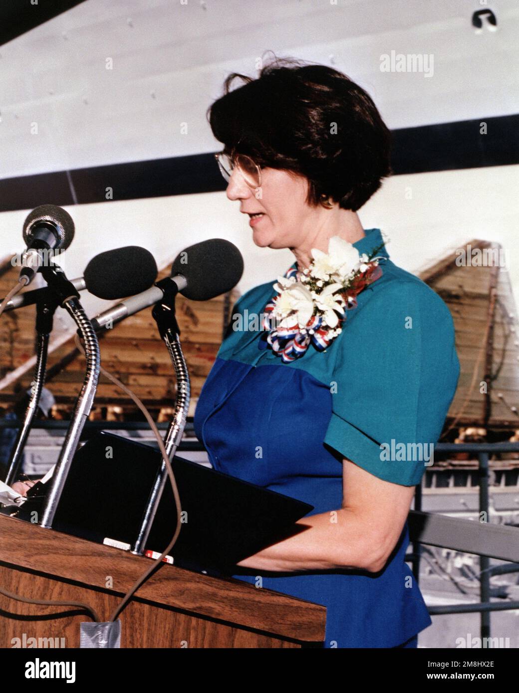 Mrs. Mary Elam Howard, ship's sponsor, speaks during the christening ...