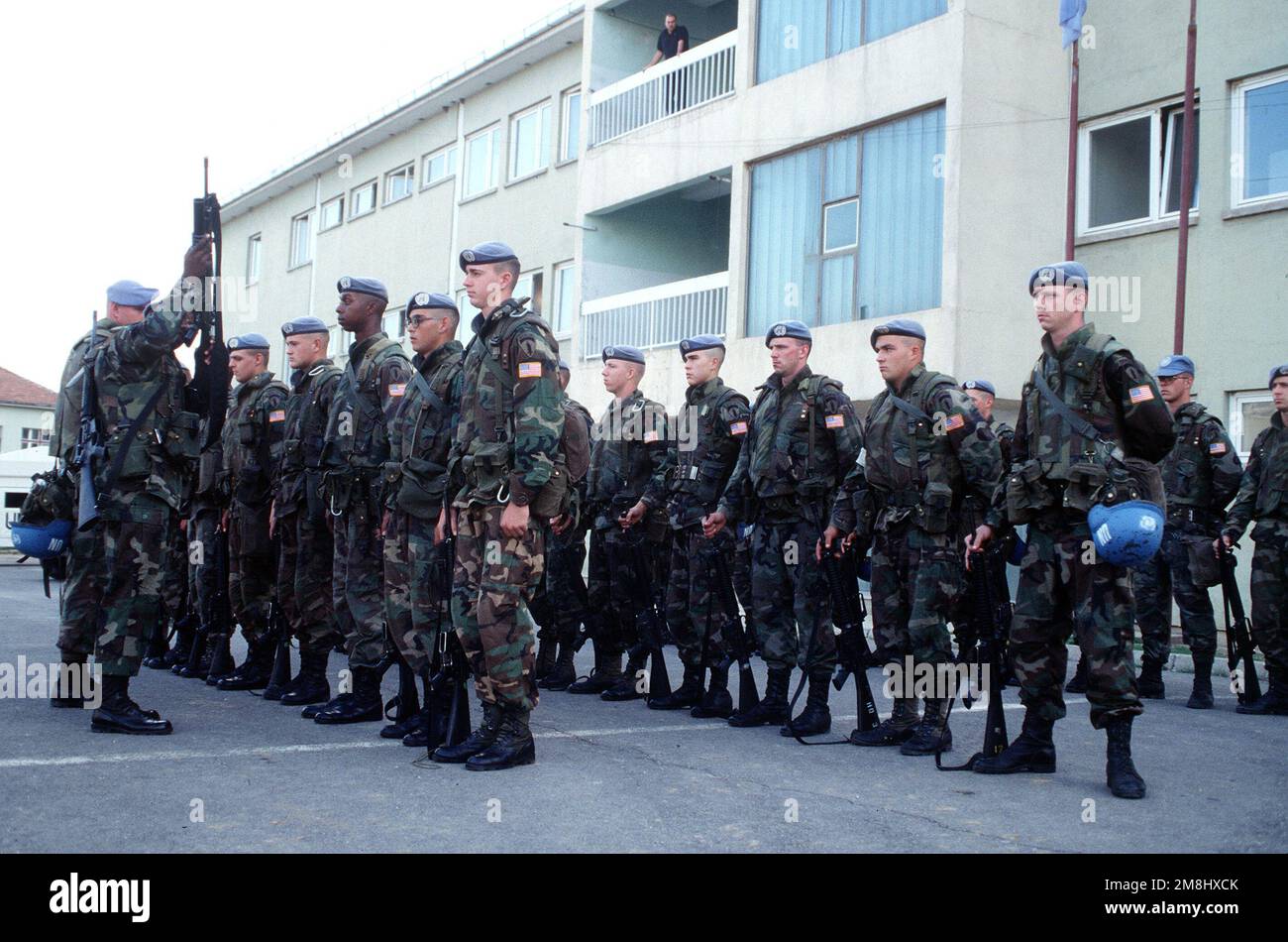 Roll call and inspection before shift change for tower guard duty ...