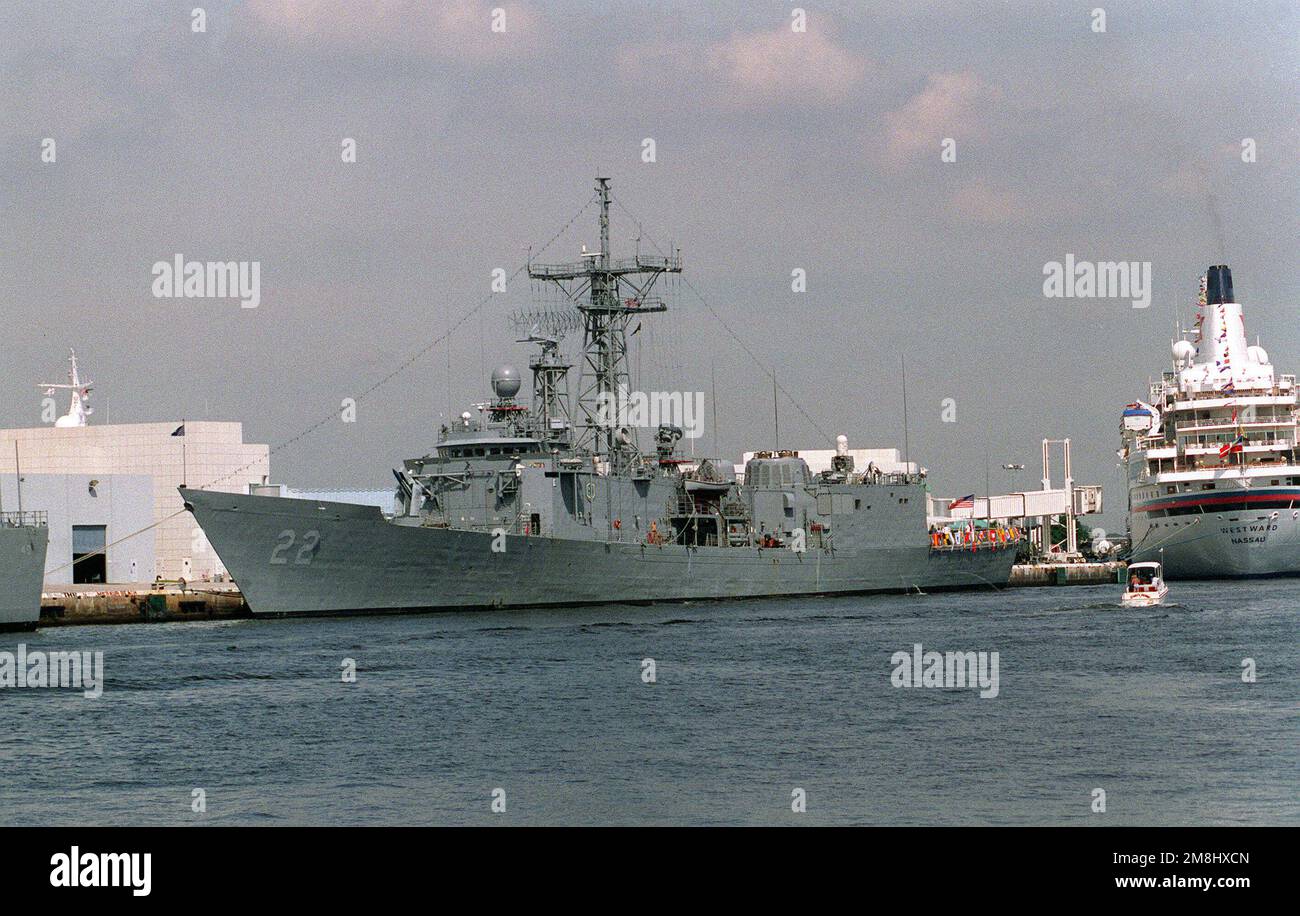 A port bow view of the guided missile frigate USS FAHRION (FFG-22) tied ...