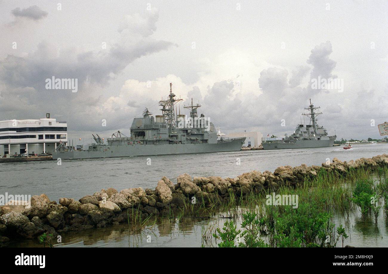 A starboard quarter view of the guided missile cruiser USS TICONDEROGA ...