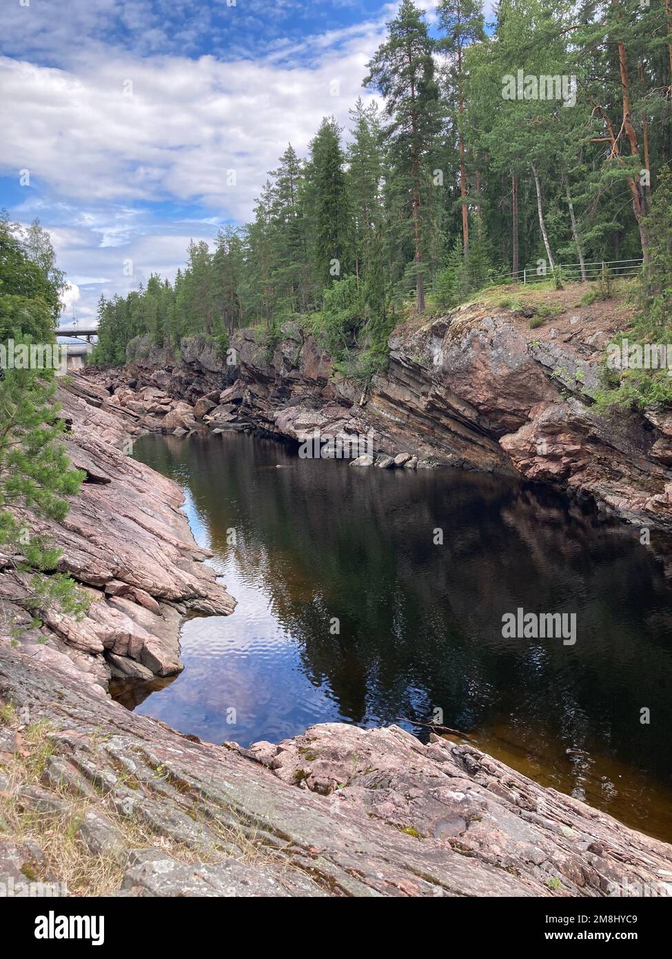 A vertical of landscape view in Imatra Rapids with a river between ...