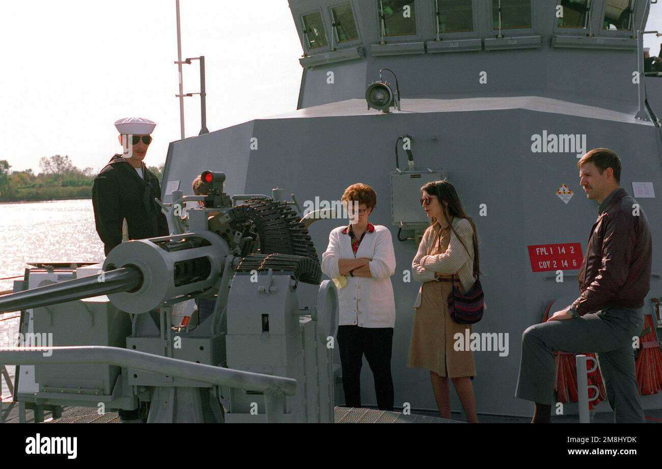 Quartermaster 3rd Class Michael Colby explains the operation of the bow ...