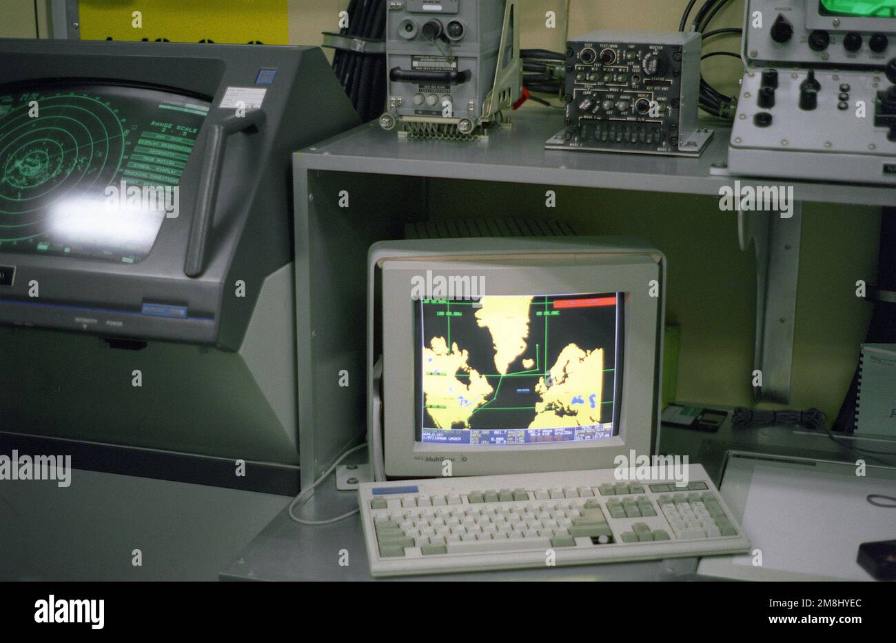 A close-up view of a digital monitor in the combat information center ...