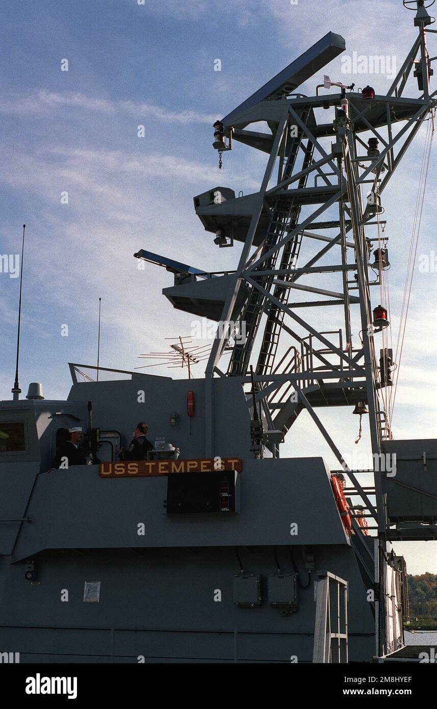 A port side view of the mast of the coastal patrol ship USS TEMPEST (PC ...