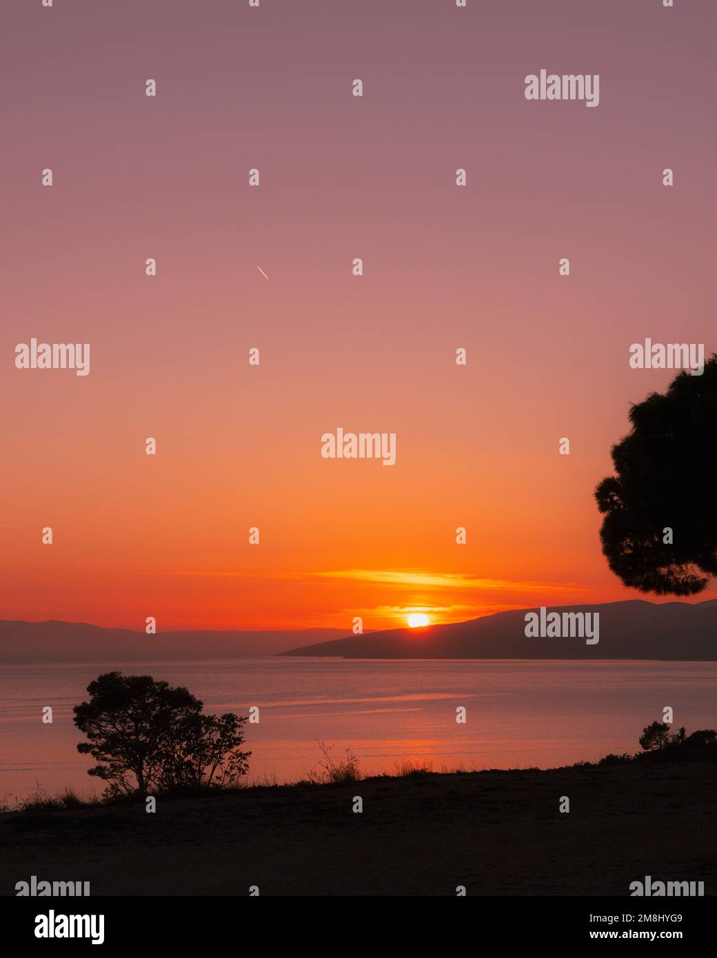 A vertical of seascape view with purple water and sky, sun in the ...