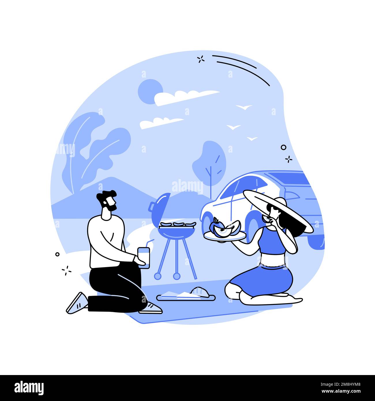 BBQ spot isolated cartoon vector illustrations. Smiling couple spending ...