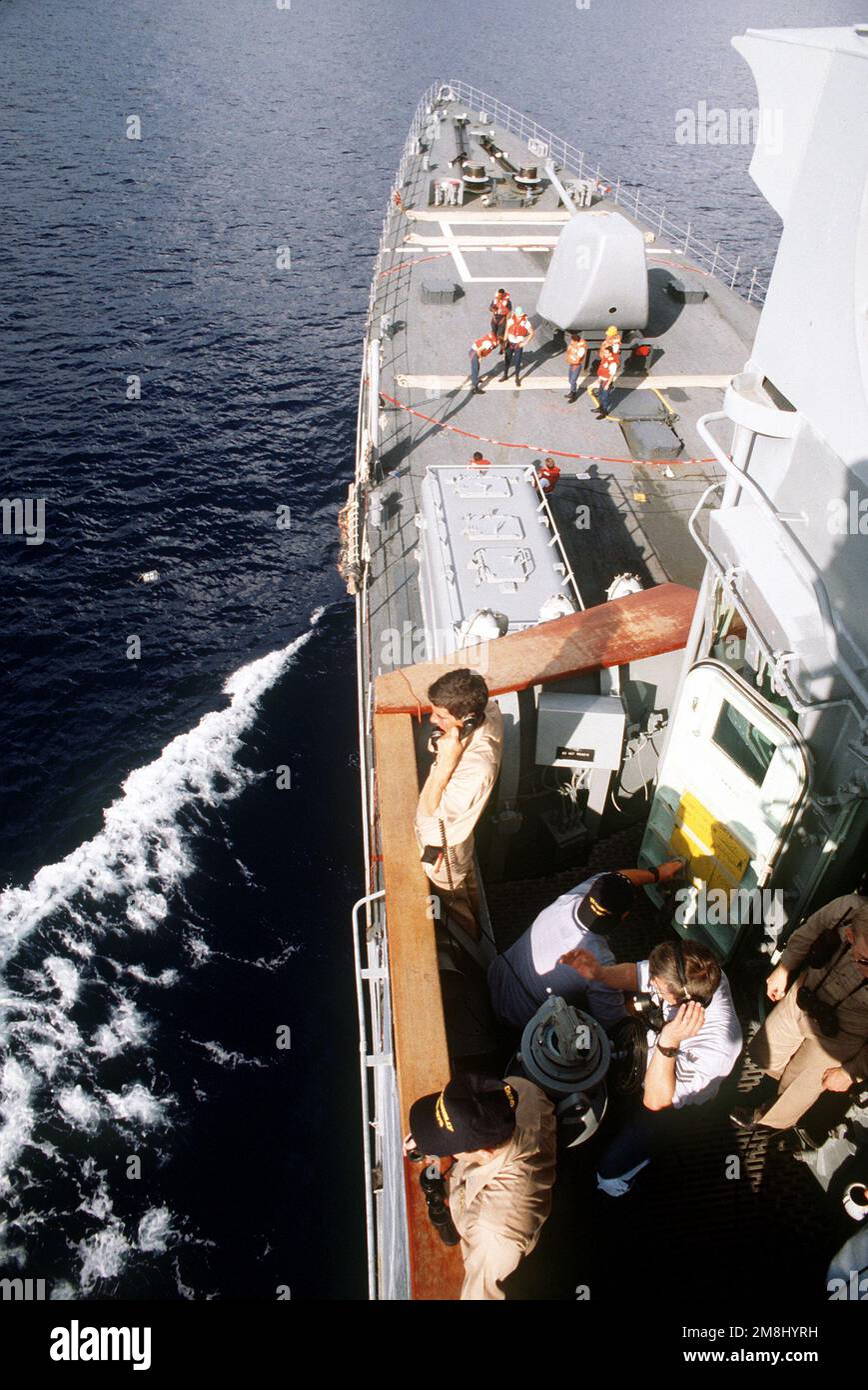 A view looking down on the port side of the bridge of the destroyer USS ...