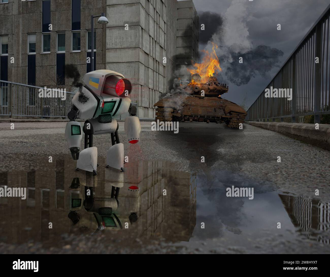 Small robot standing in puddle with burning tank in the background ...