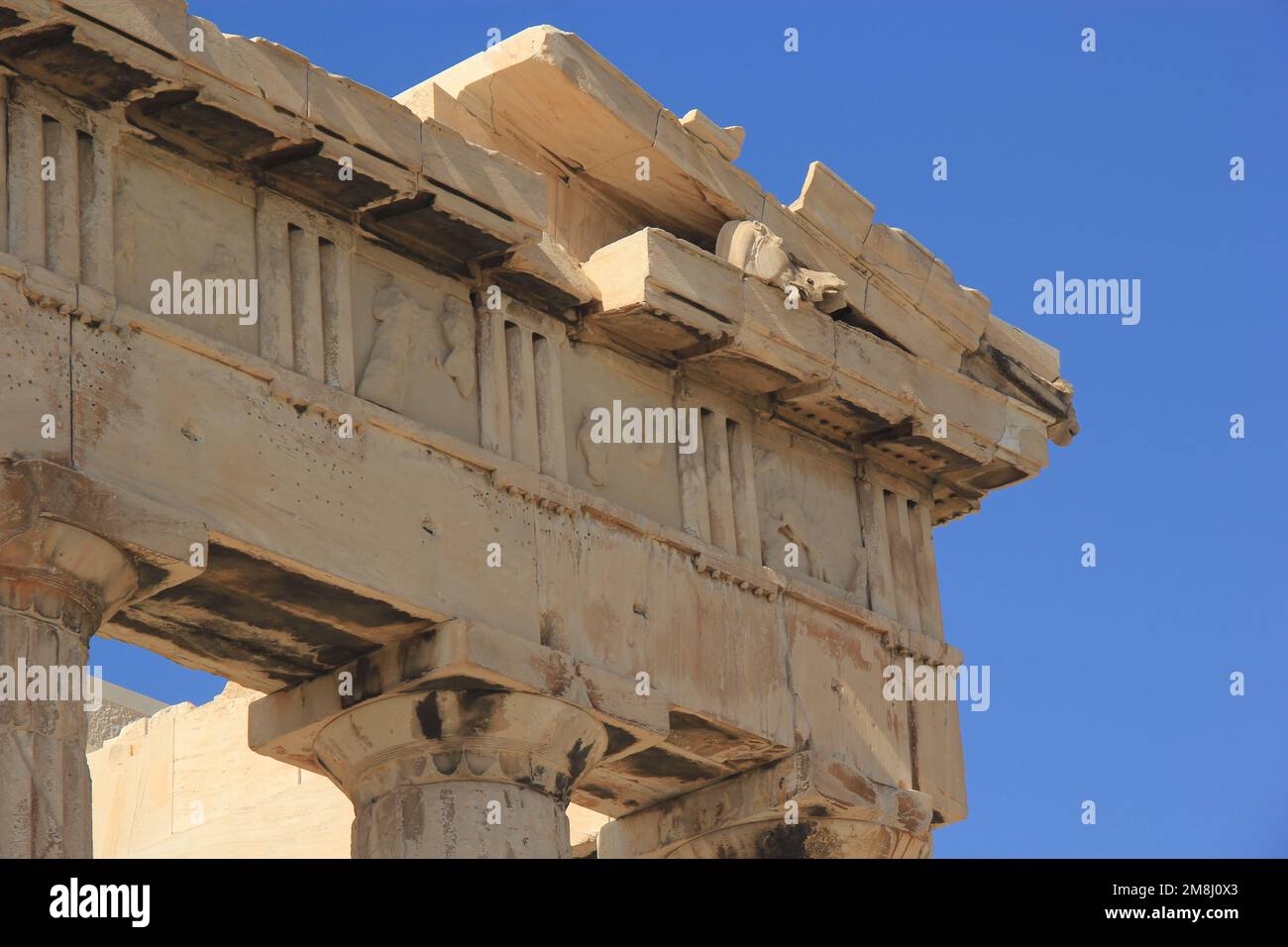 A close-up shot of architectural details of the Parthenon in Athens ...