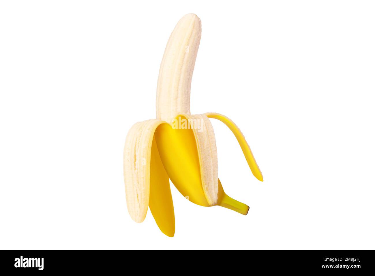 Fresh raw yellow banana peeled open in flight isolated Stock Photo - Alamy