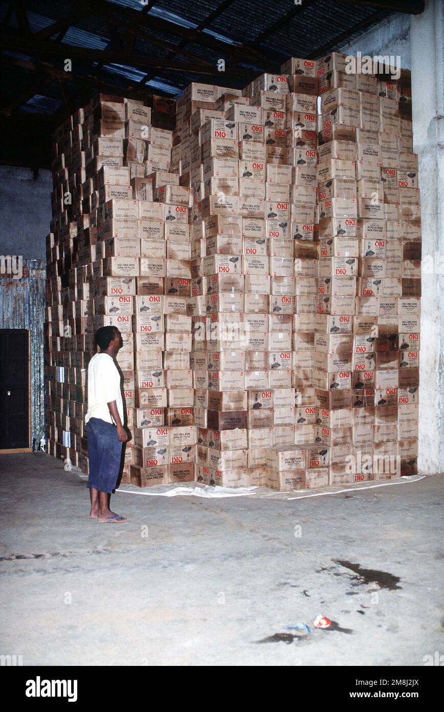 A Somali man in the food storage warehouse in Kismayo. Subject ...