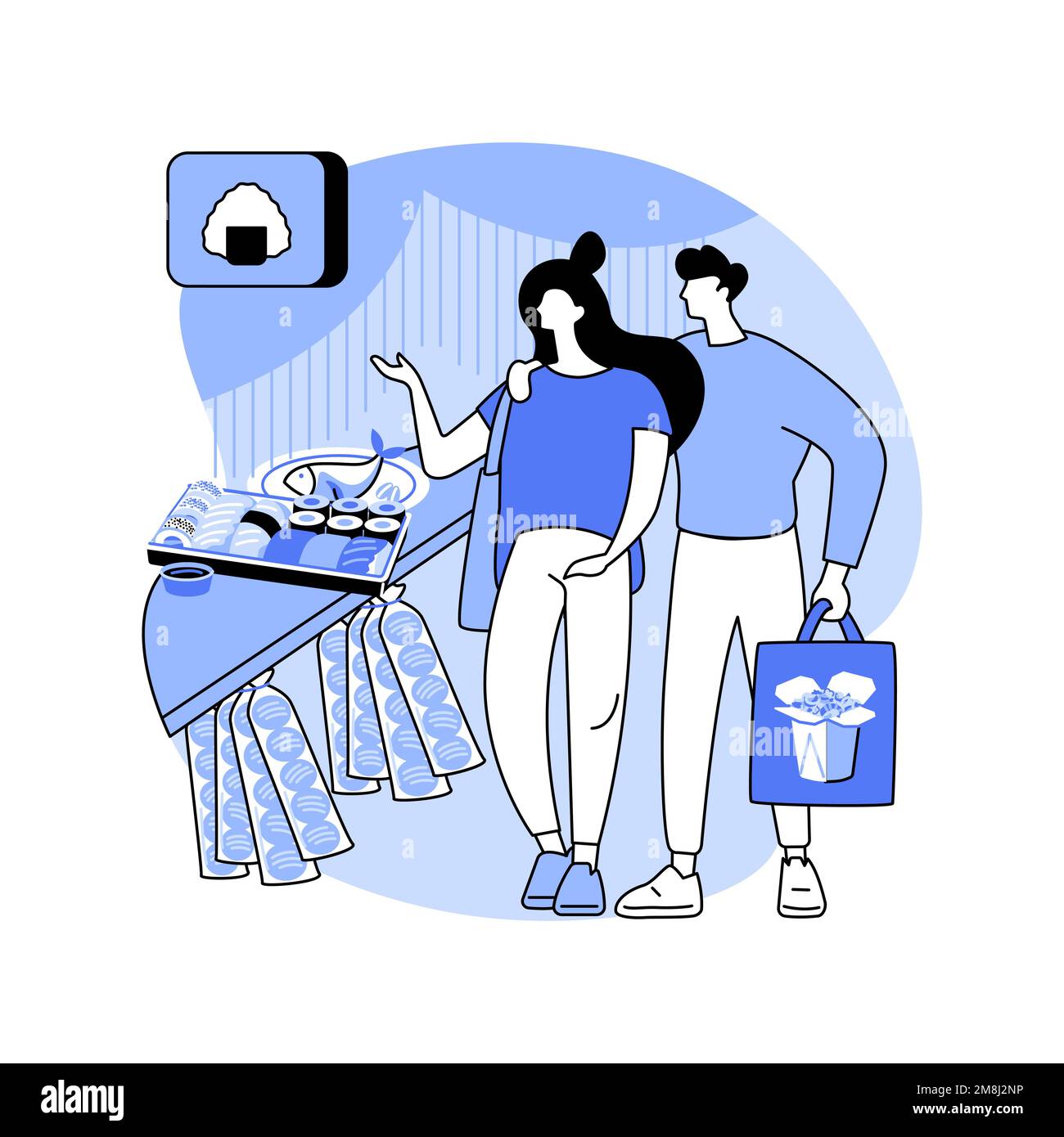 Asian food market isolated cartoon vector illustrations. Couple going ...