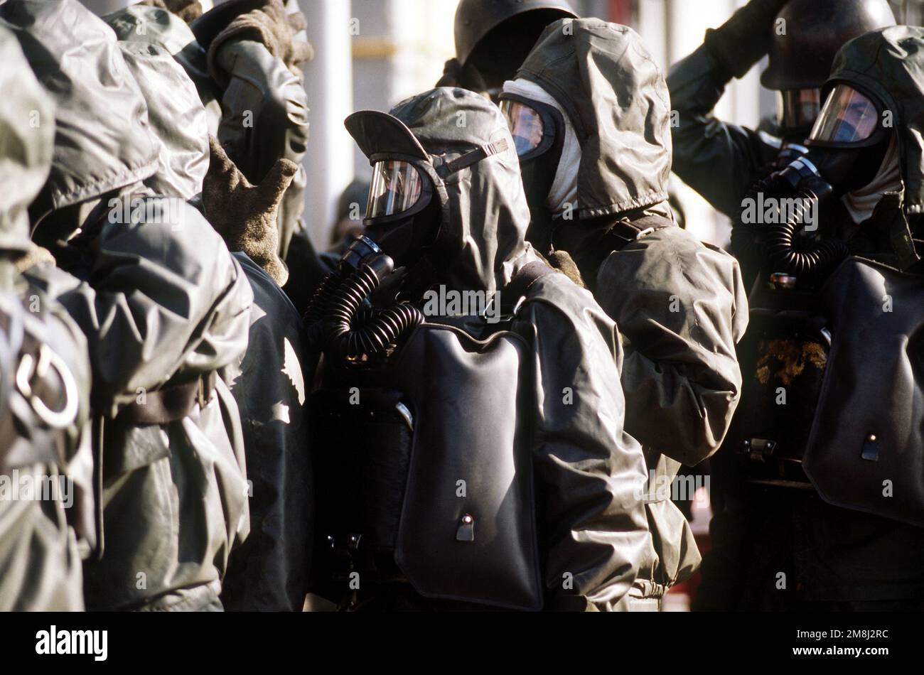 Fire fighting students equipped with A-4 oxygen breathing apparatuses ...