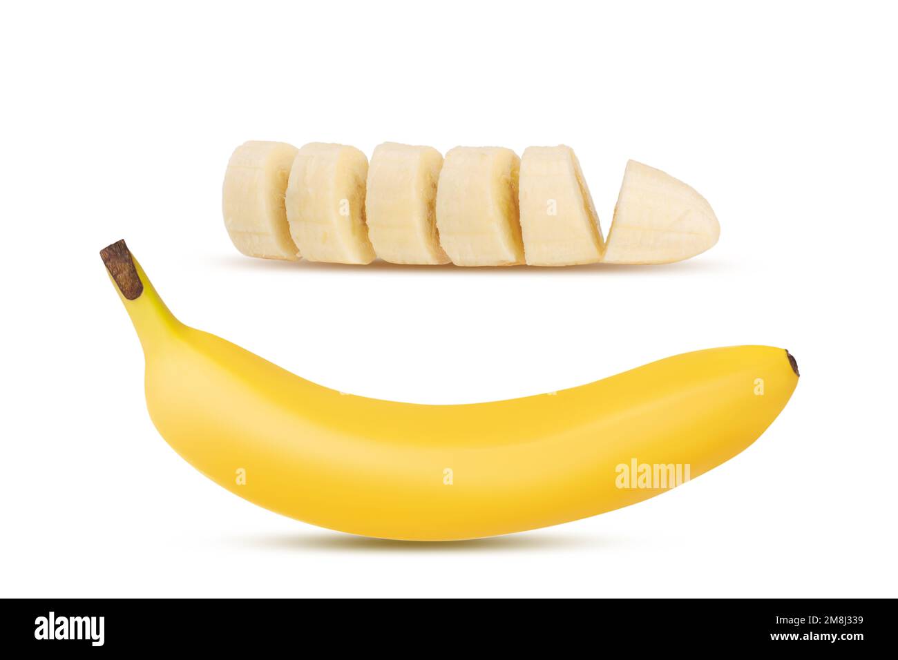 A set of bananas, whole, peeled, chopped. Isolated on white background ...