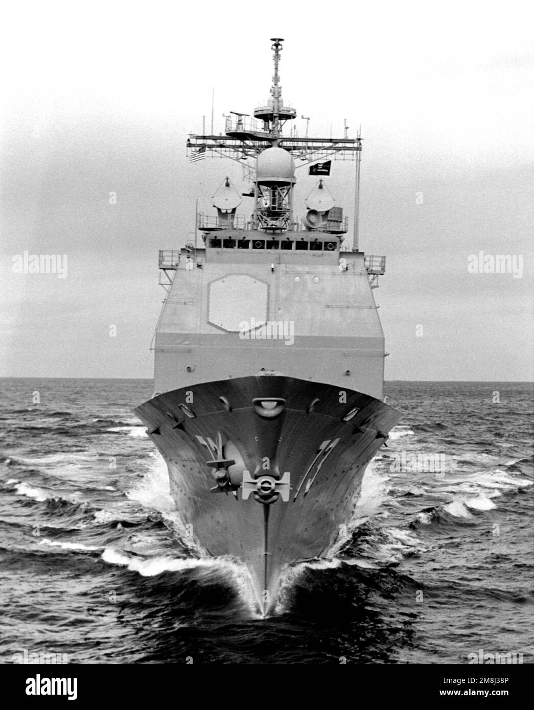A low oblique bow on view of the guided missile cruiser USS PORT ROYAL ...