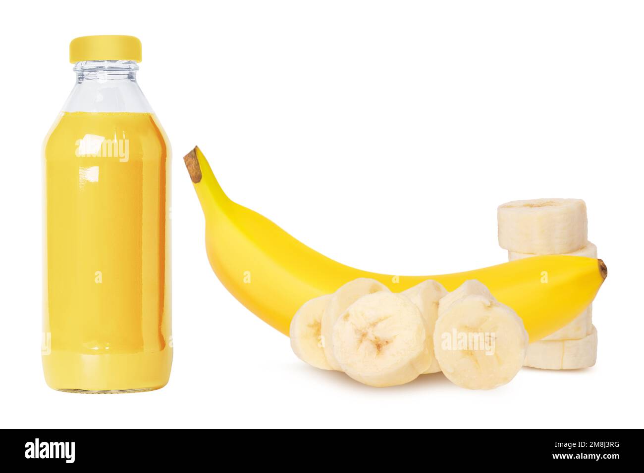 Bottle of fresh banana juice, nectar. A set of bananas whole and pieces ...