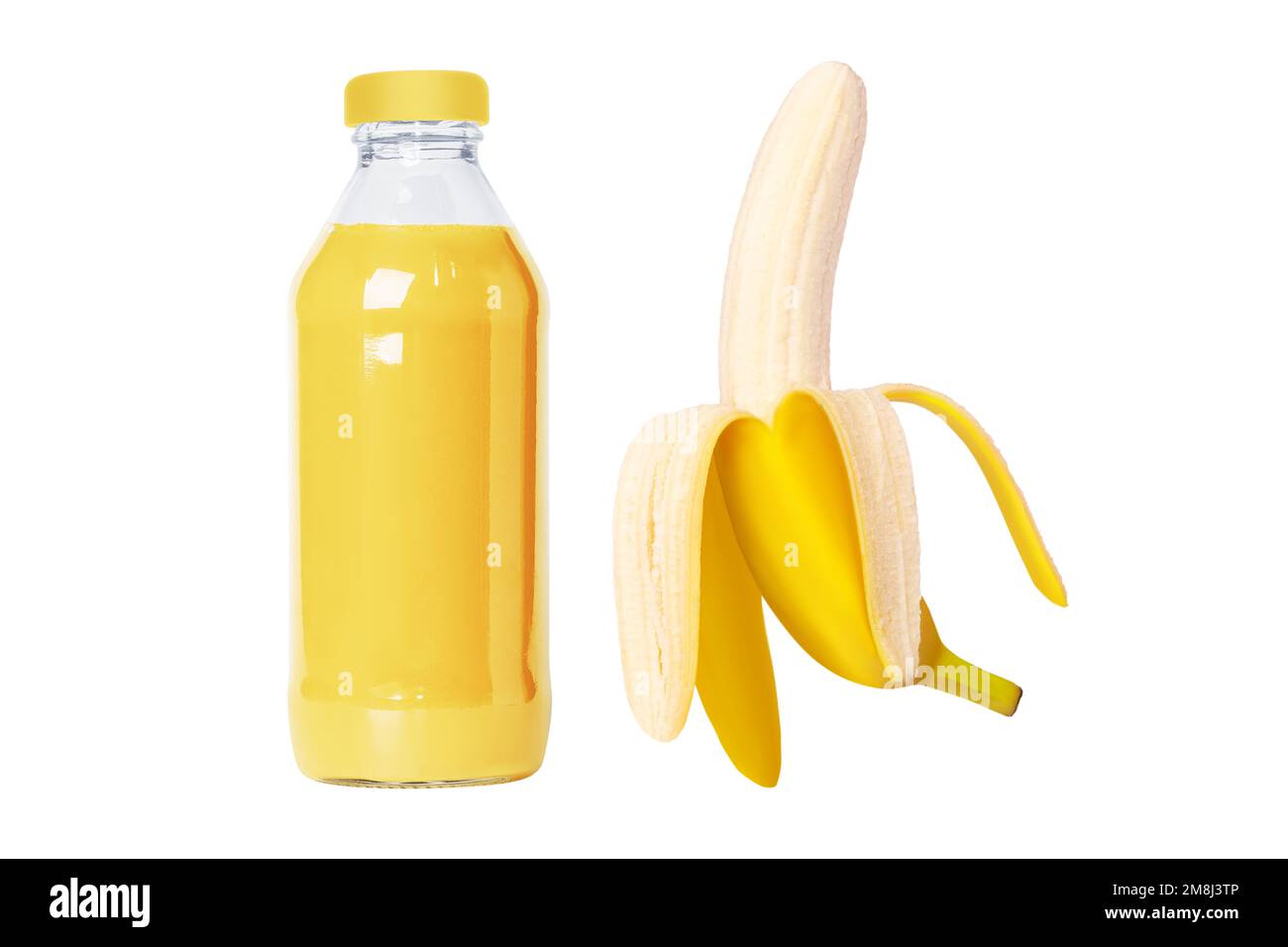 Bottle of fresh banana juice, nectar. Banana peeled in flight. Isolated ...