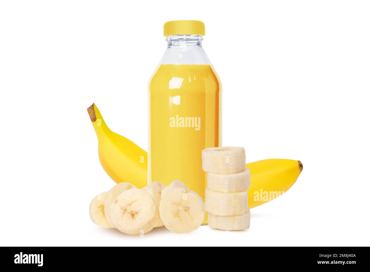 Bottle of fresh banana juice, nectar. A set of bananas whole and pieces ...