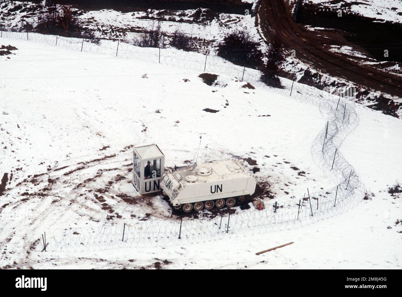 An aerial view of the observation booth and Armored Personnel Carrier ...