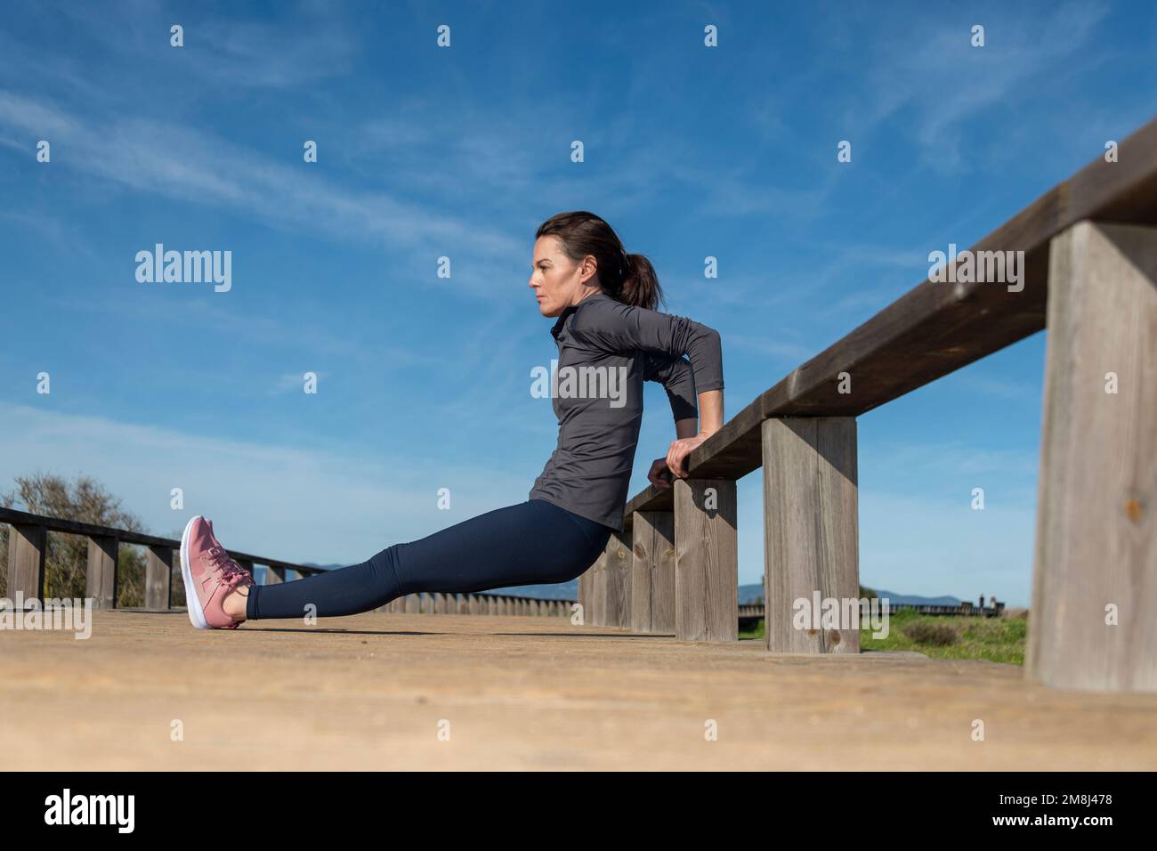 Sporty woman doing reverse push ups outside on a wooden railing Stock ...