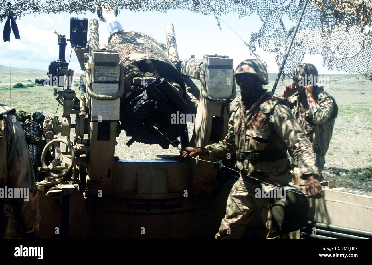 Marine Lance Corporal (LCPL) Vincent Sanders pulls the lanyard to fire ...