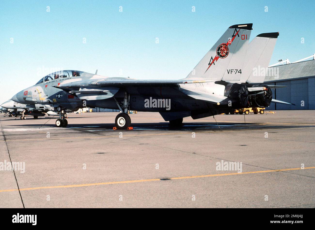 A left rear view of an F-14B Tomcat aircraft of Fighter Squadron 74 (VF ...
