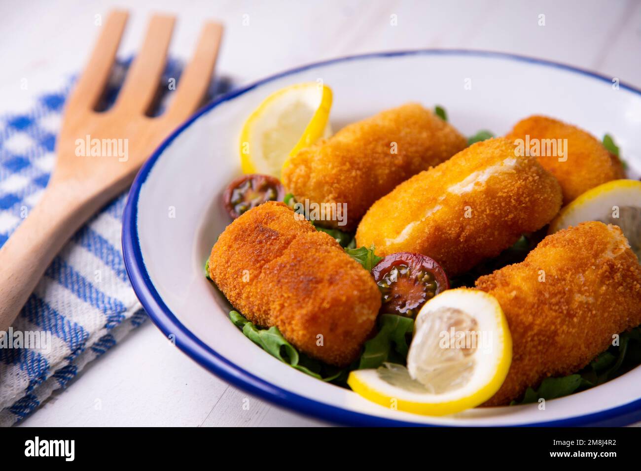 Fish croquette. The croquette is a portion of dough made from a dense ...