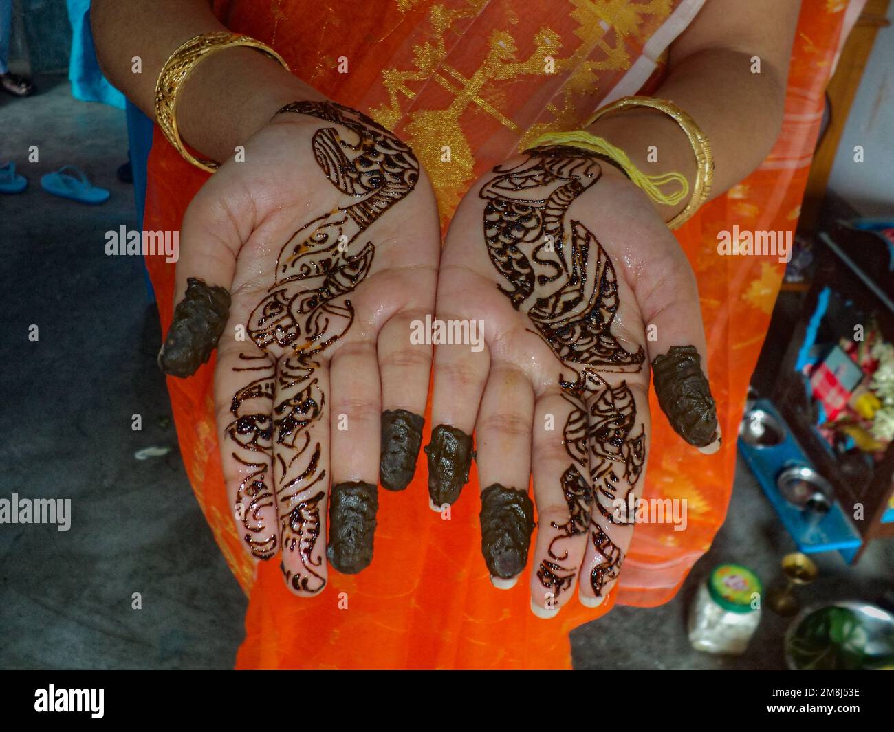 indian mehendi design on both female hands Stock Photo - Alamy