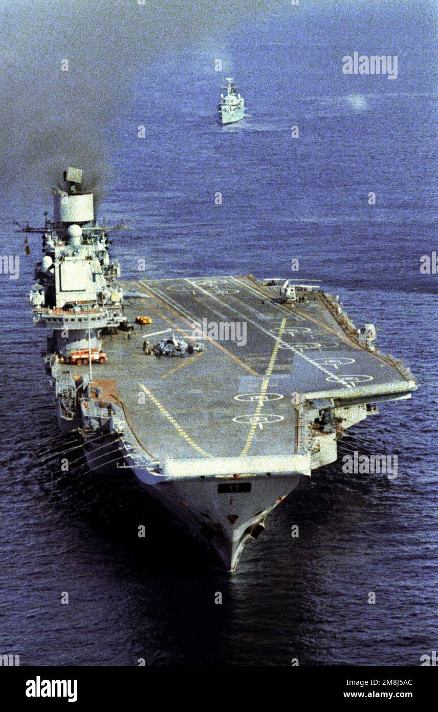 A bow-on aerial view of the Russian Navy Northern Fleet aircraft ...