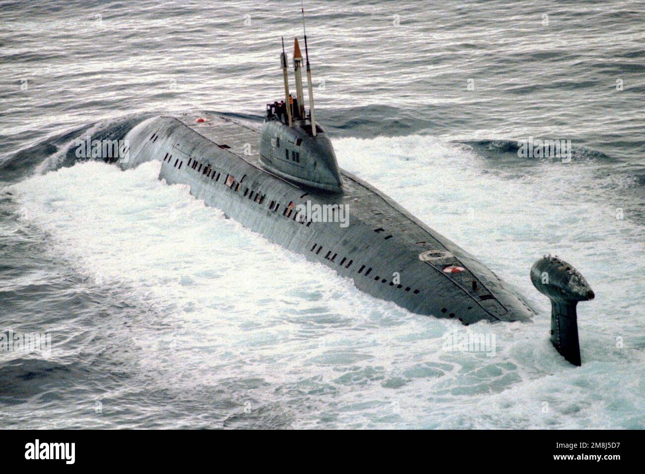 An aerial port quarter view of the Russian Northern Fleet VICTOR III ...