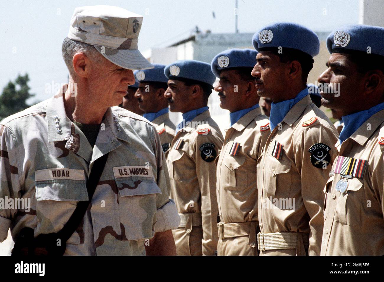 General Joseph P. Hoar, USMC, commander-in-chief, U.S. Central Command, is shown inspecting ...