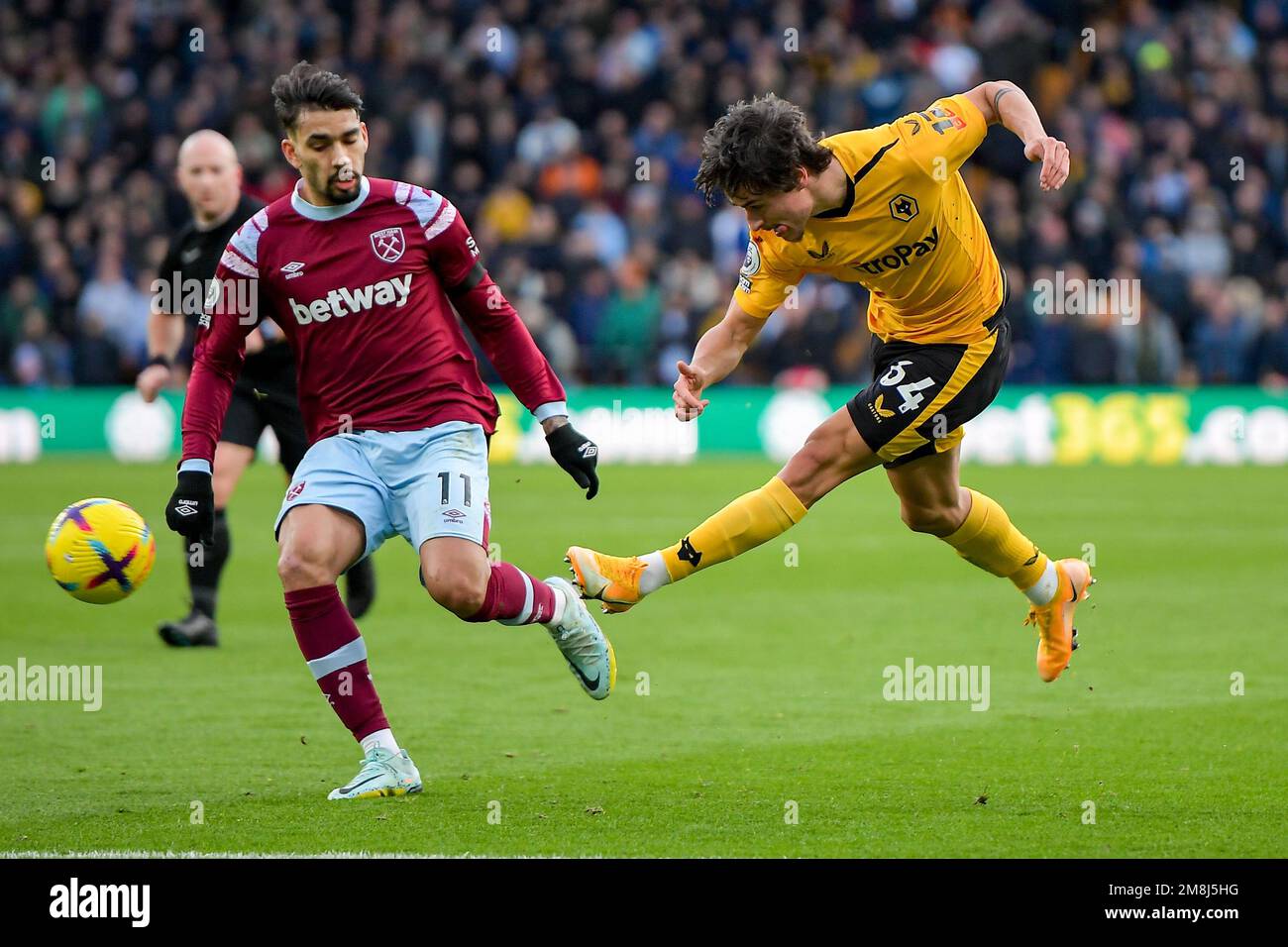 Hugo Bueno #64 of Wolverhampton Wanderers has a shot during the Premier ...