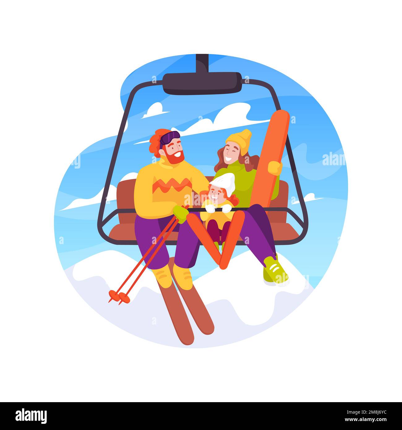Ski lift isolated cartoon vector illustration. Happy family in a ski ...