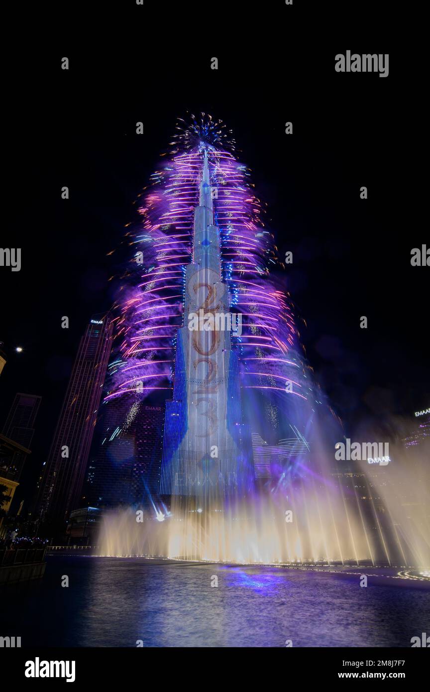 Dubai, UAE, 1st January 2023. A fireworks display accompanied by a ...