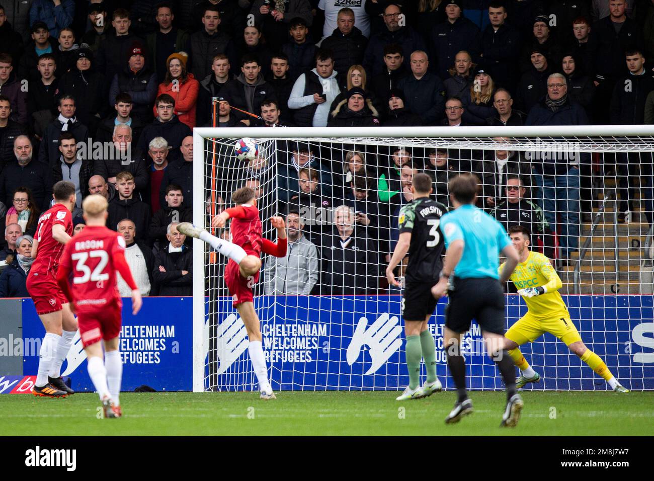 Cheltenham, UK. 14th Jan, 2023. Caleb Taylor of Cheltenham Town scores ...