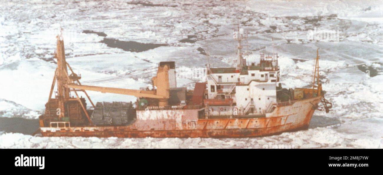 An aerial starboard side view of the Russian research ship TRIAS ...