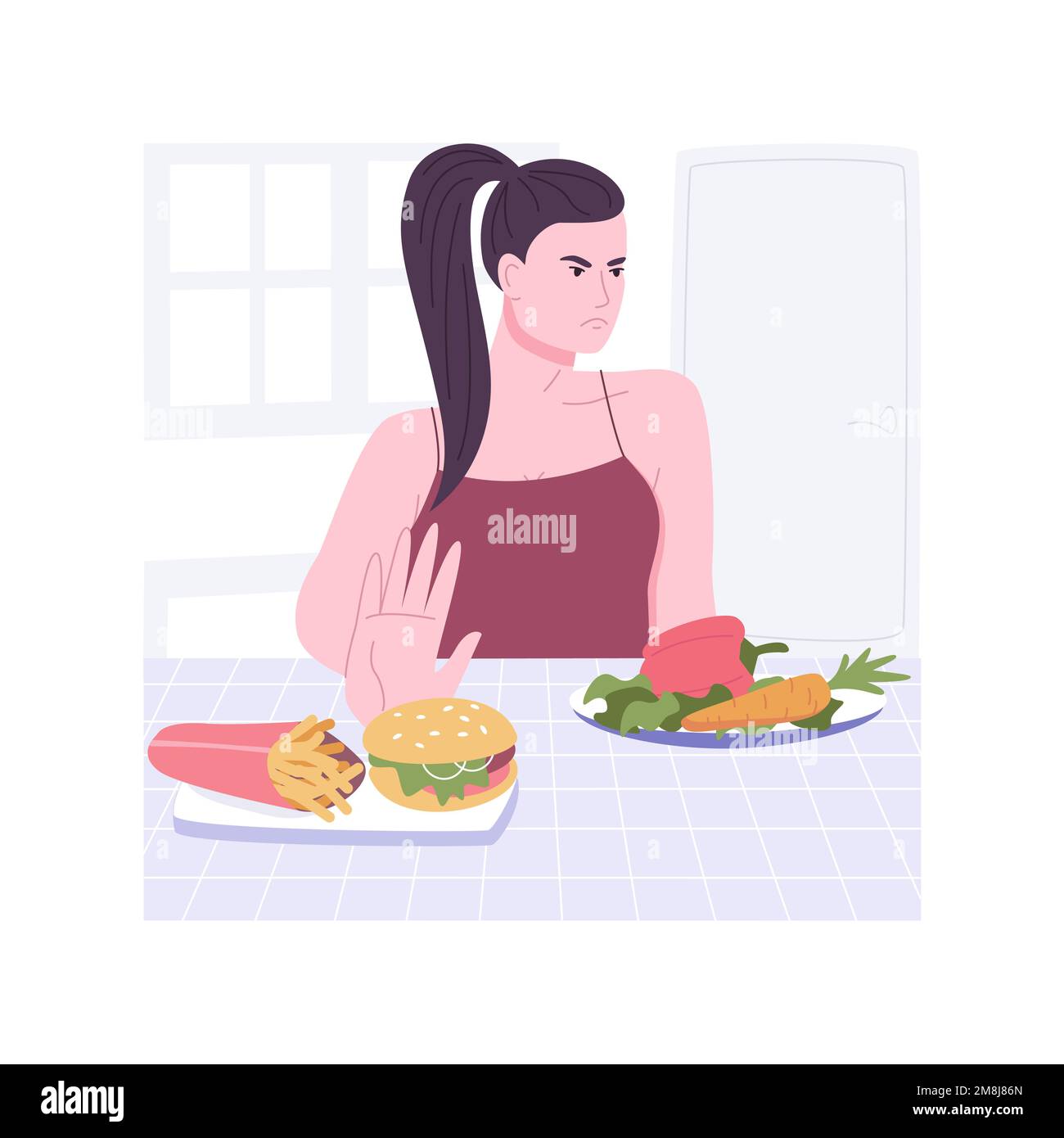 Say no to junk food isolated cartoon vector illustrations. Young girl ...