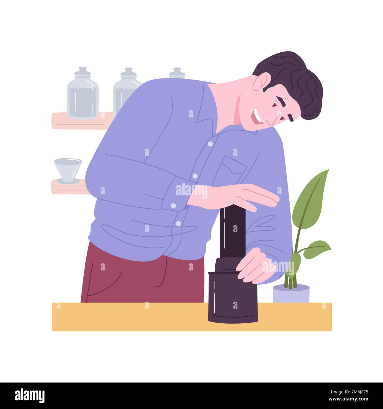 Coffee fan isolated cartoon vector illustrations. Strong man prepares ...