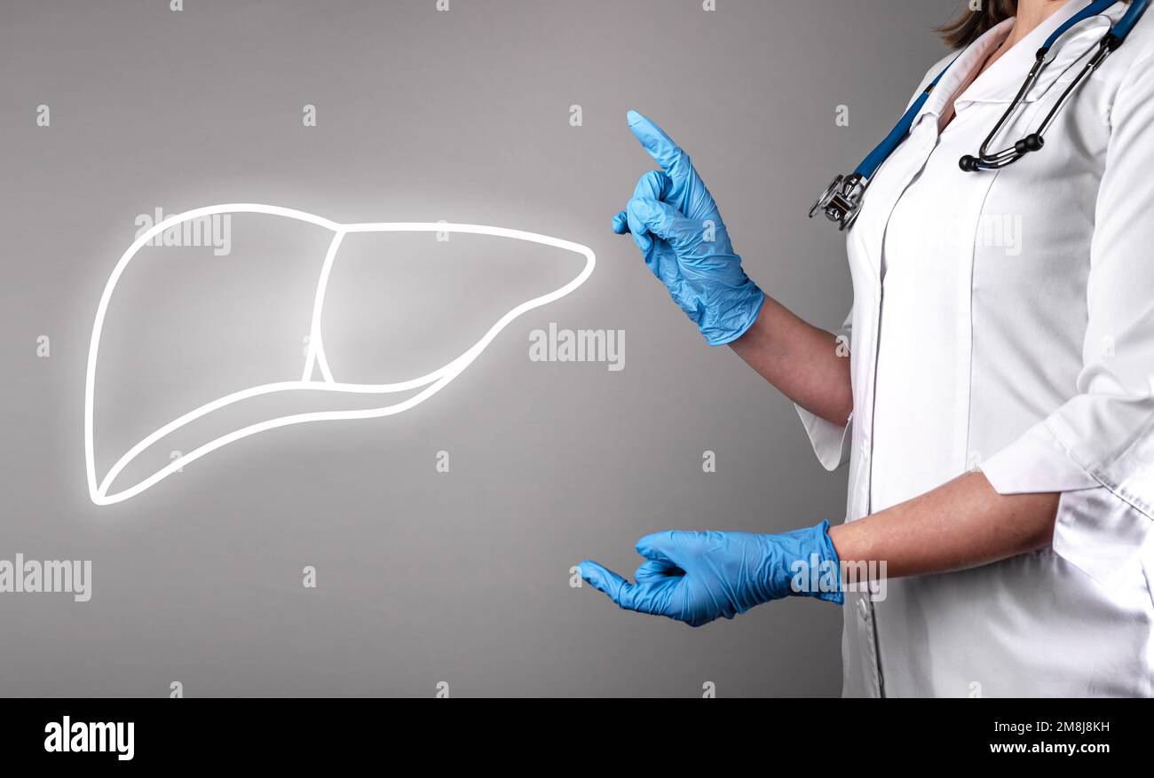 Liver health concept. Healthy inner organ and doctors hand, cirrhosis ...