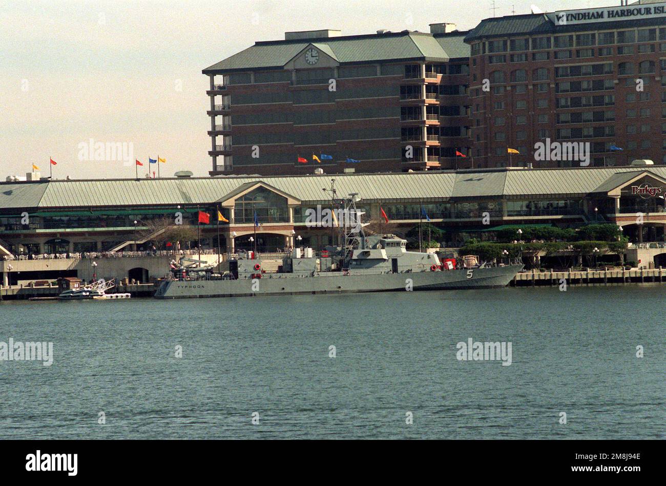 A starboard side view of the patrol craft USS TYPHOON (PC-5) tied up at the Harbor Island ...