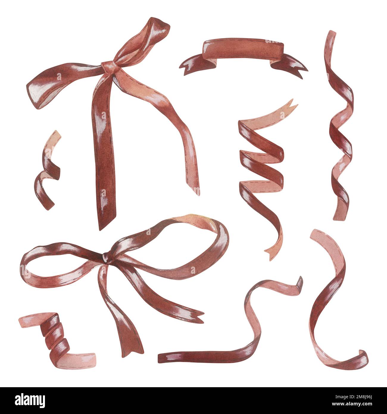 Dark red ribbons and bows. Tie something with ribbon. Watercolor ...