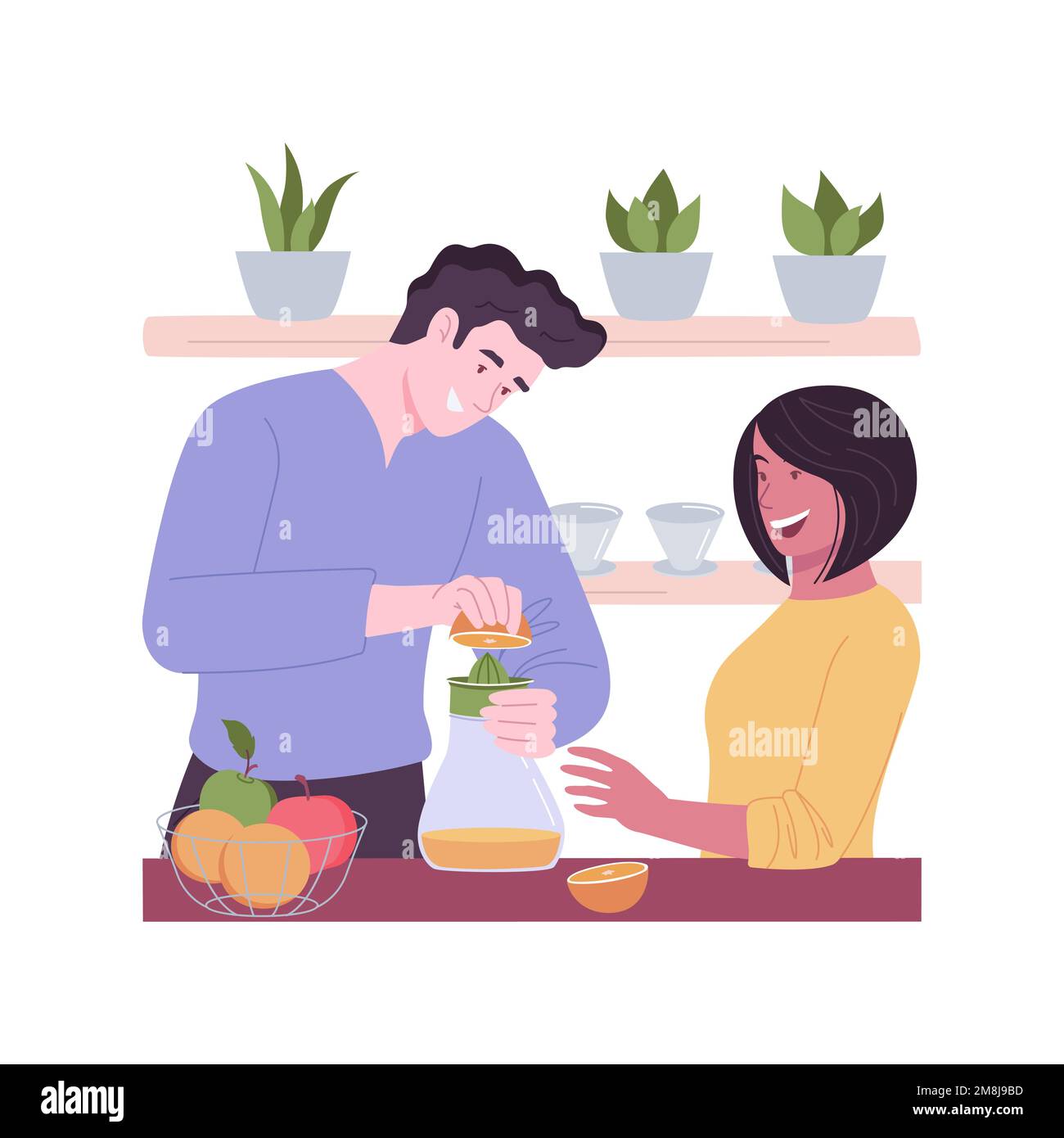 Squeezing juice isolated cartoon vector illustrations. Young couple ...