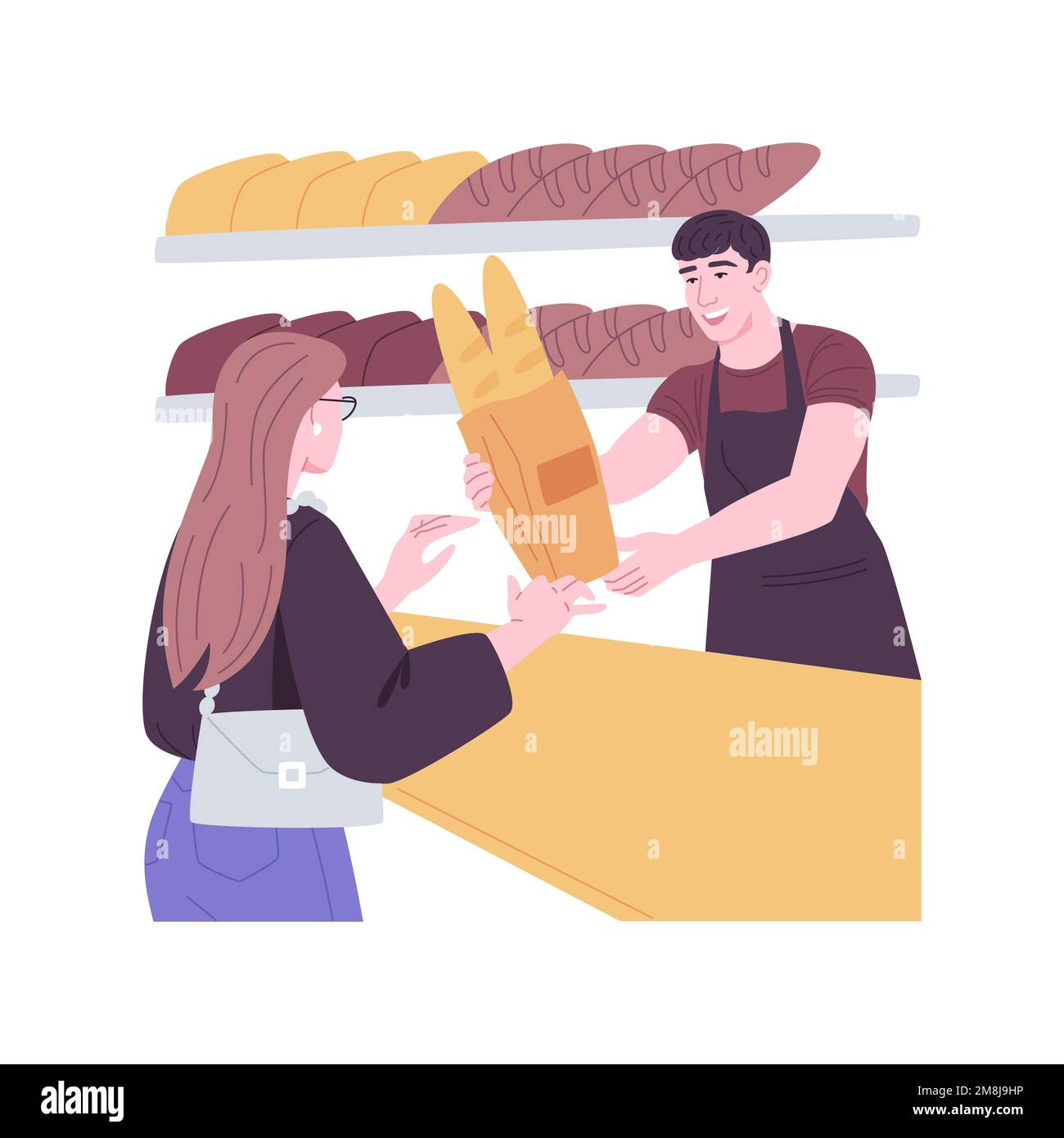 Fresh bread isolated cartoon vector illustrations. Young woman customer ...
