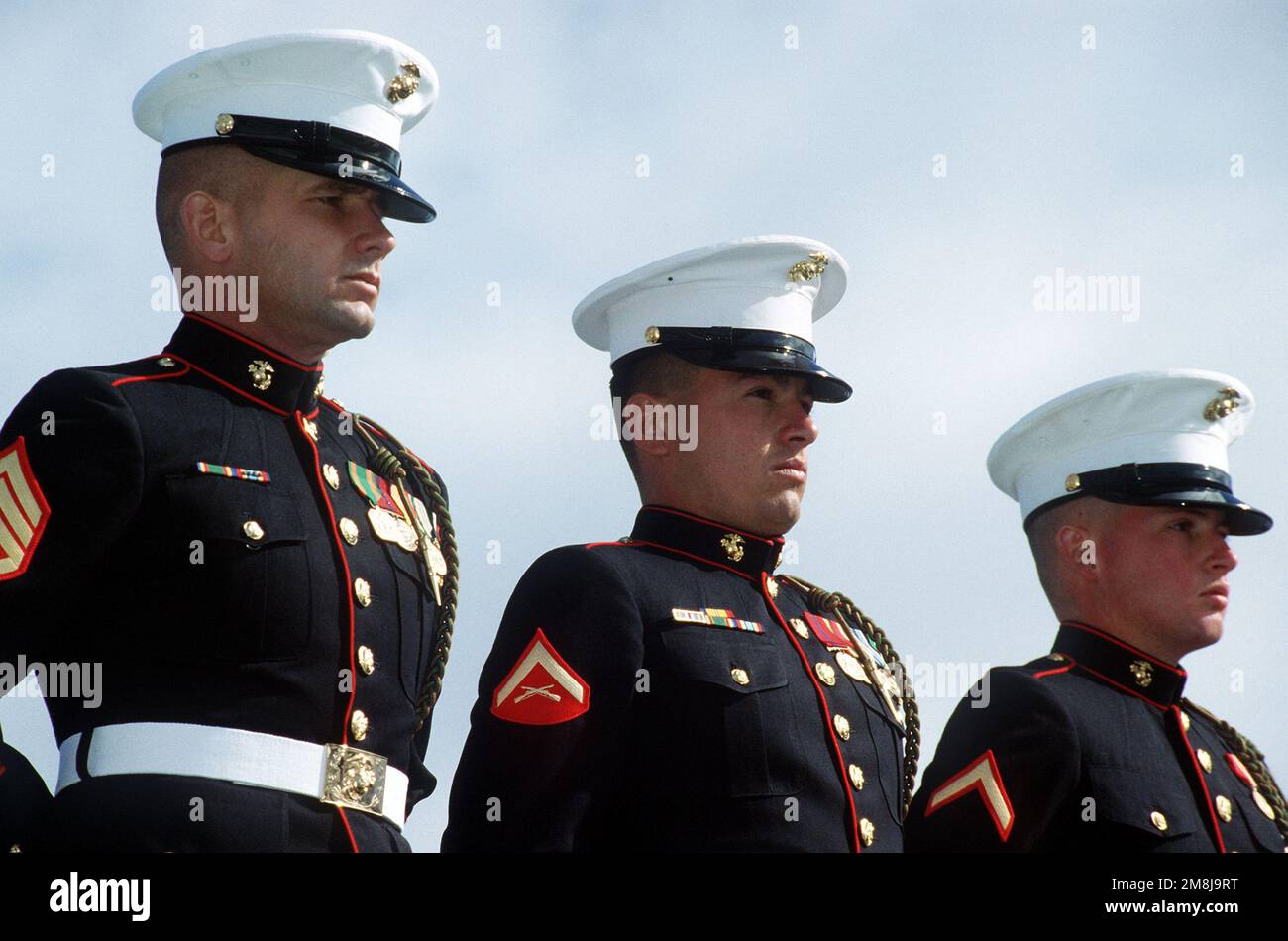 Three embarked U.S. Marines of the crew of the tank landing ship USS ...