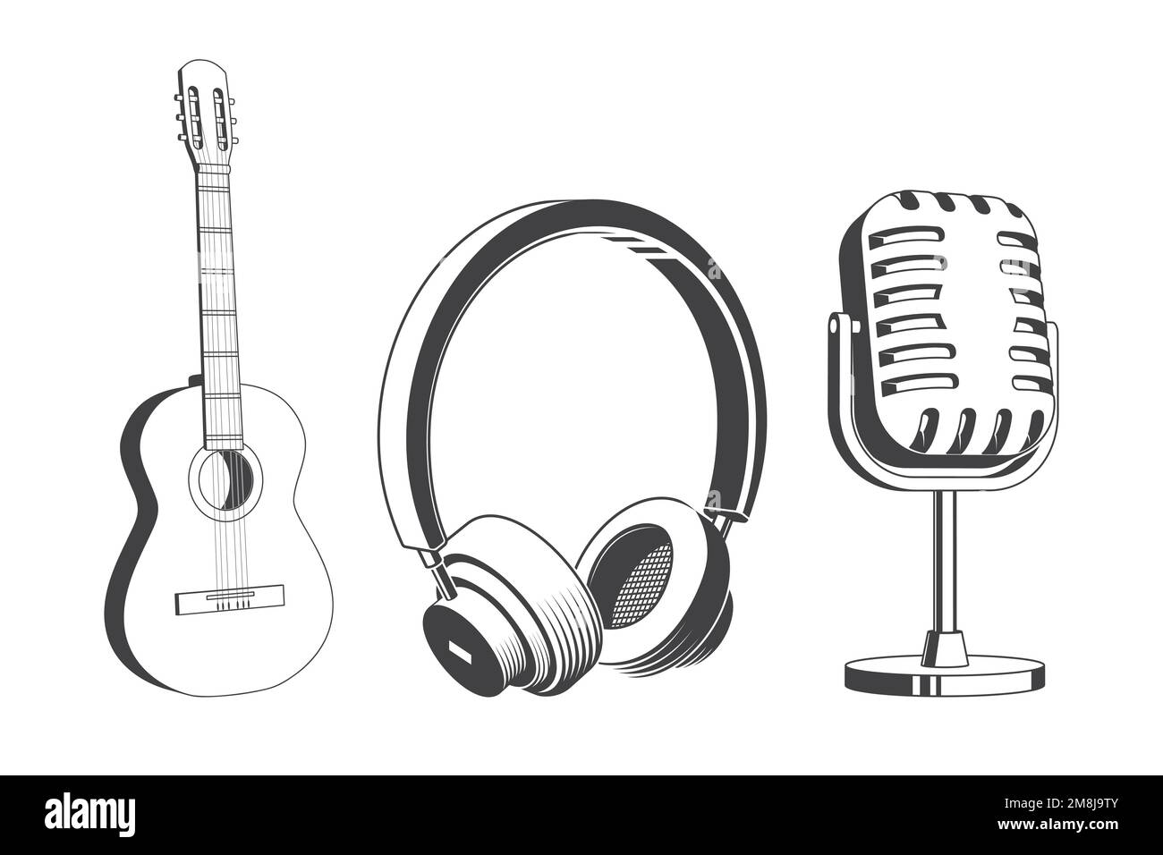 Retro music equipment Icons. Set include classical acoustic guitar ...