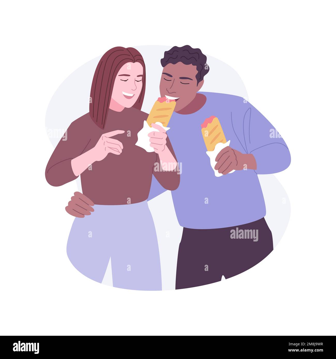 Street food isolated cartoon vector illustrations. Young man bites her ...