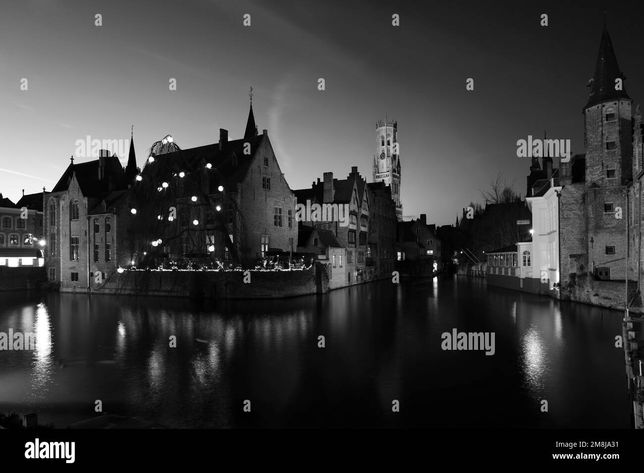 River Dijver and the Belfort at night, Rozenhoedkaai area, Bruges City ...