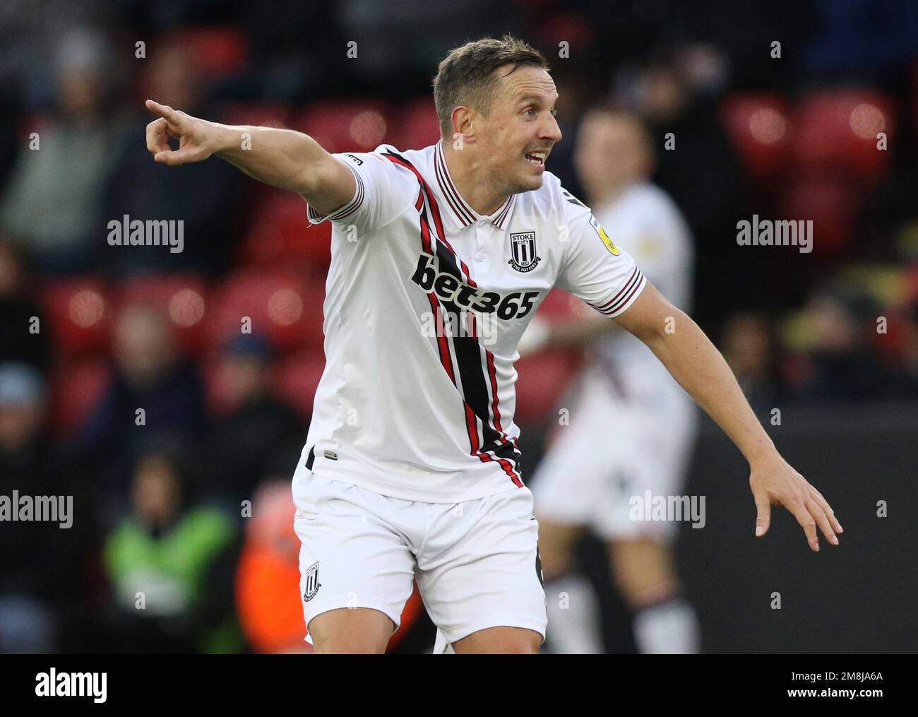Sheffield, UK. 14th January 2023. Phil Jagielka of Stoke City points ...