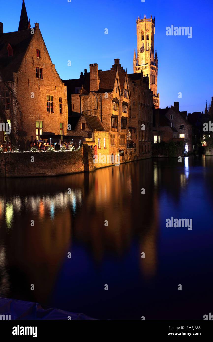 River Dijver and the Belfort at night, Rozenhoedkaai area, Bruges City ...